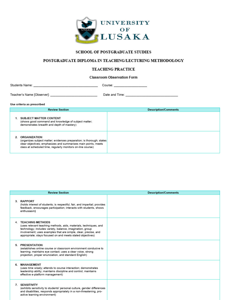 Classroom Observation Form-UNILUS | PDF | Teaching Method | Classroom