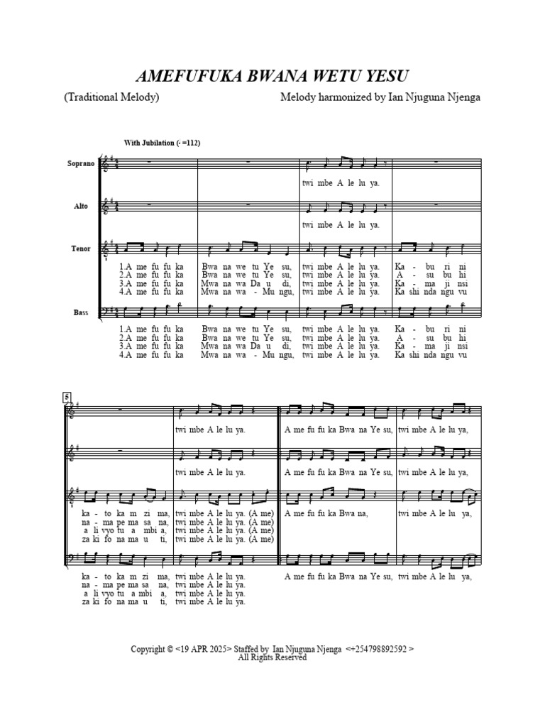 Amefufuka Bwana Wetu Yesu Harmonized Score | PDF