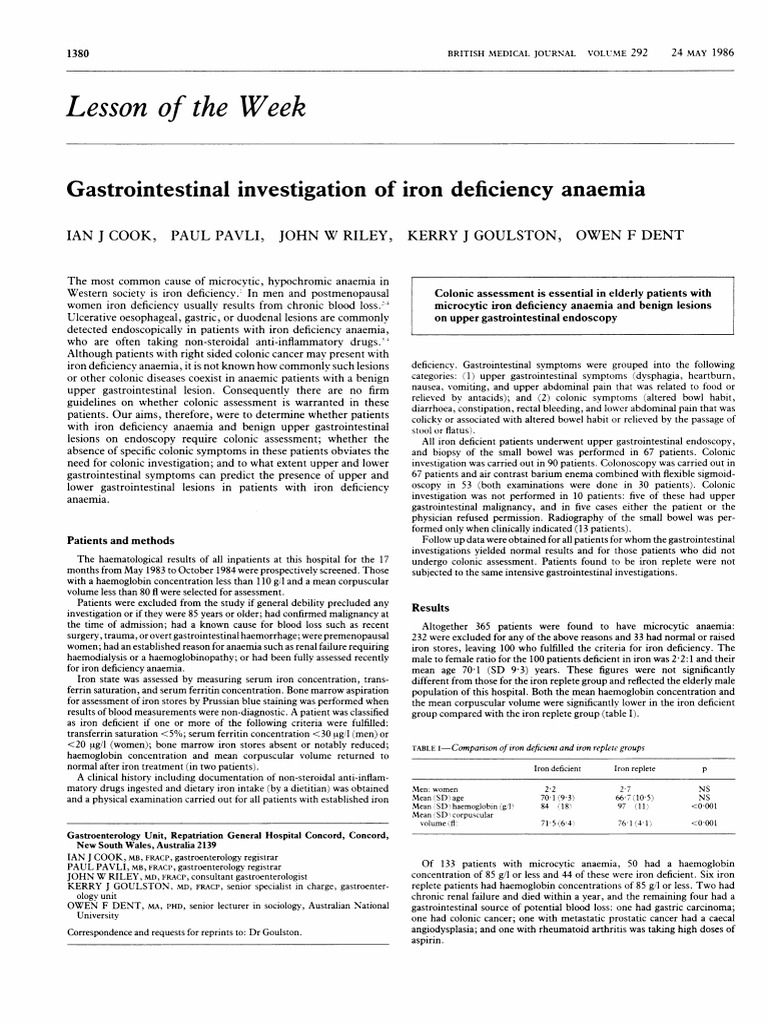 1986 Gastrointestinal Investigation of Iron Deficiency Anaemia. | PDF ...