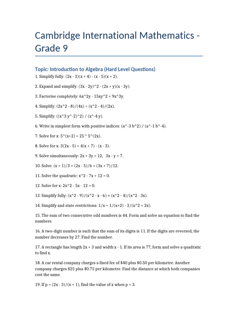 Grade9 Algebra Hard Questions | PDF