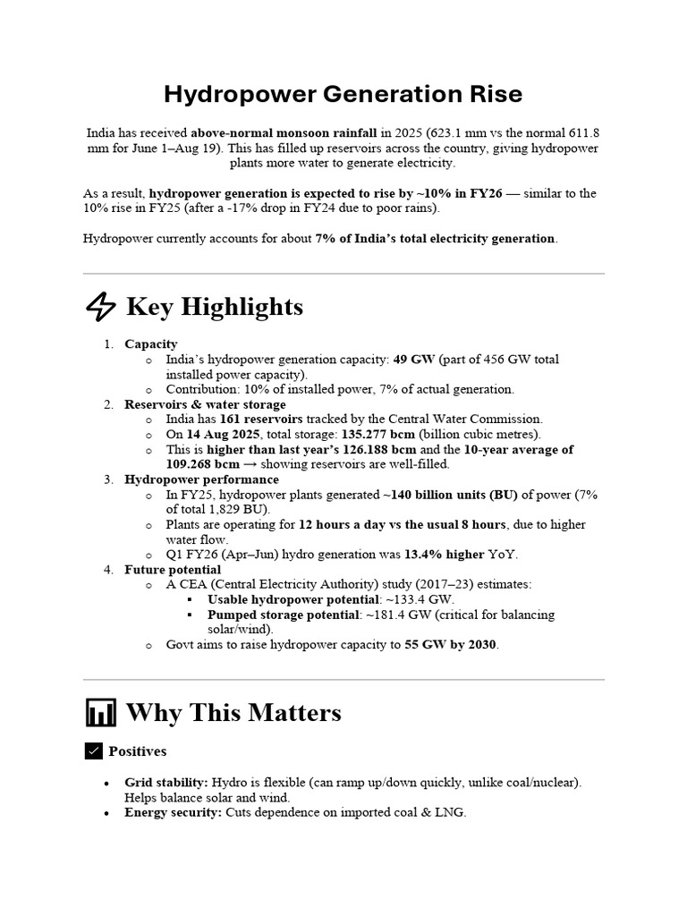 India's Hydropower Generation Surge 2025 | PDF | Hydroelectricity ...