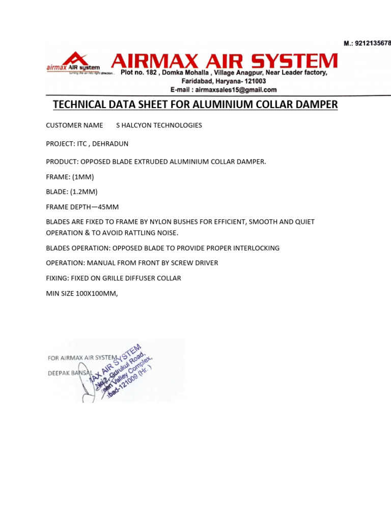 Aluminium Collar Damper Technical Data | PDF