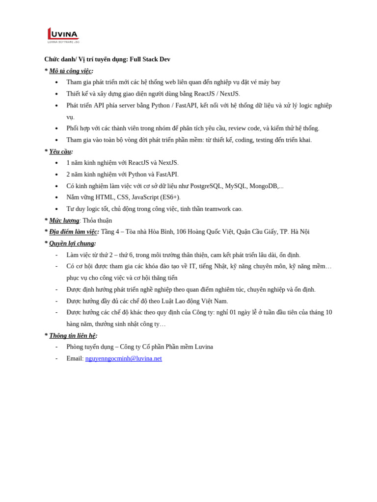 JD-Full Stack Dev-Luvina | PDF