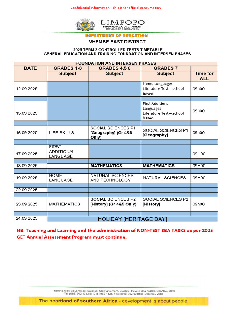 Vhembe East District Term 3 Timetable 2025 | PDF | Science