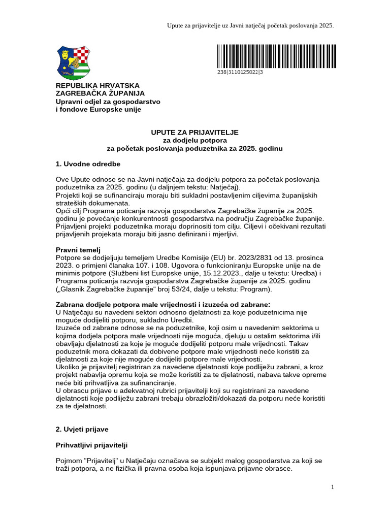 Upute Uz Natjecaj Pocetak Poslovanja2025 | PDF