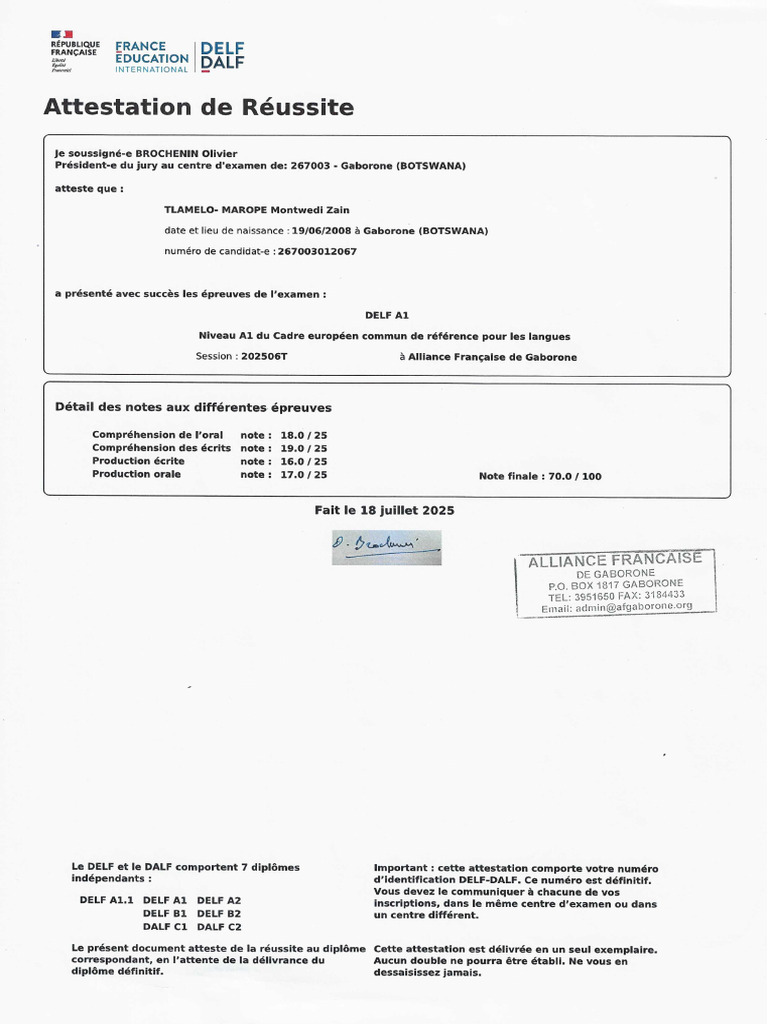 Attestation de Réussite DELF A1 TLAMELO-MAROPE Montwedi Zain | PDF