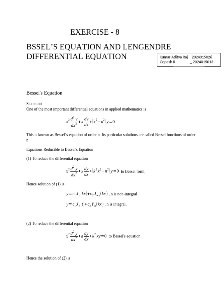 Lec-8 Bessel's Equation and Lengdere Differential Equations (5 Marks) | PDF | Functions And ...