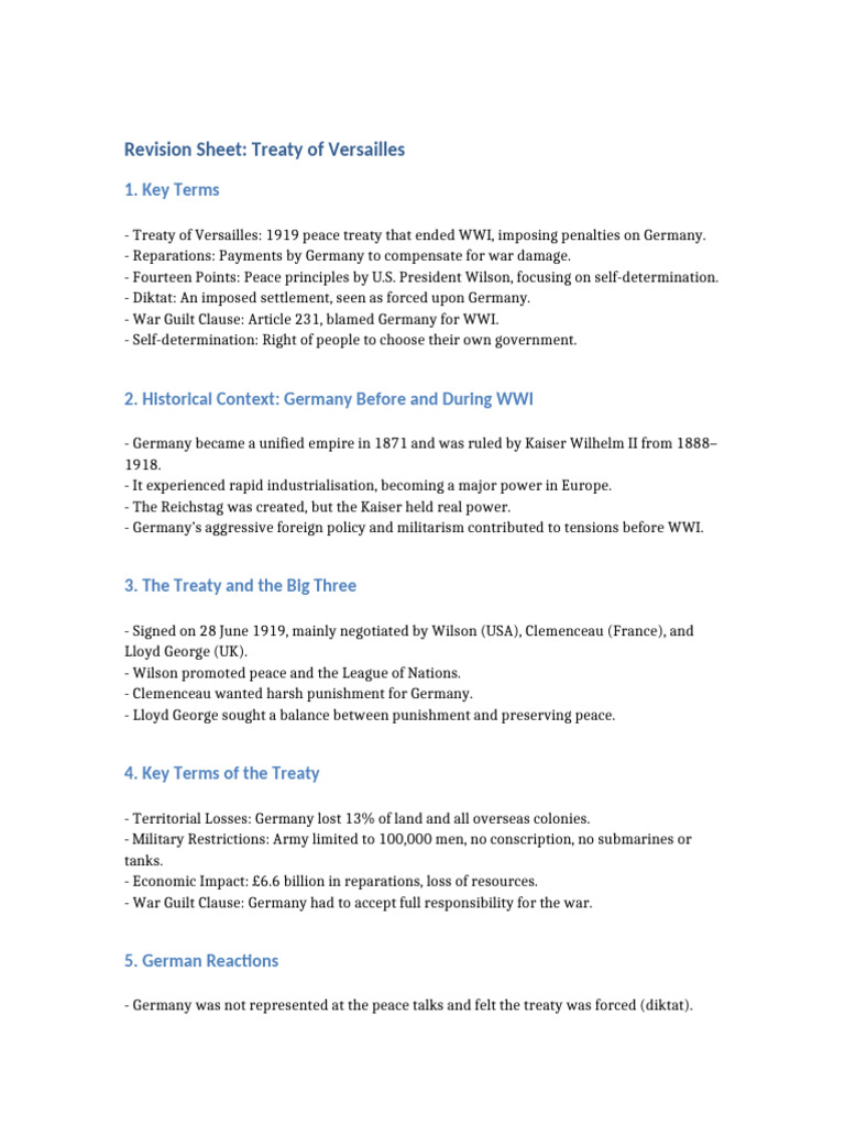 Treaty of Versailles Revision Sheet DART Activities | PDF | German ...