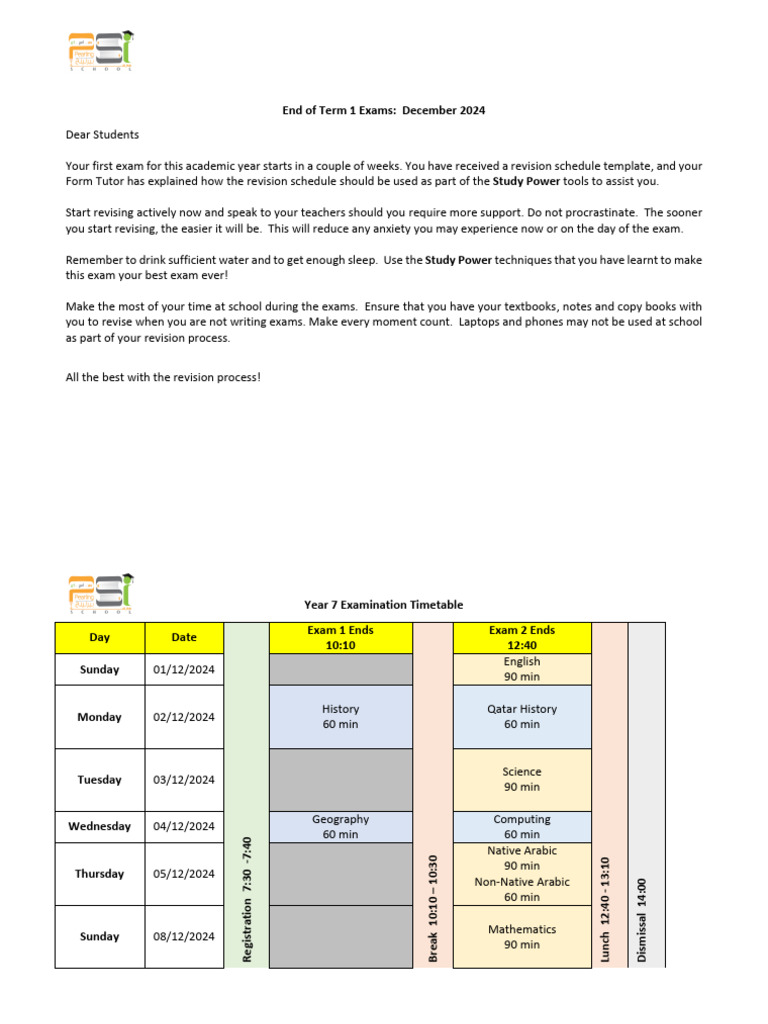 Exam Timetable Term One 2024 | PDF | Science