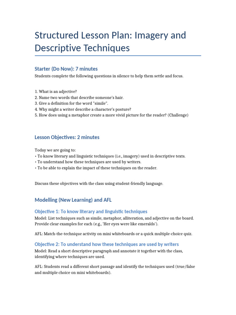 Imagery Descriptive Lesson Structure | PDF