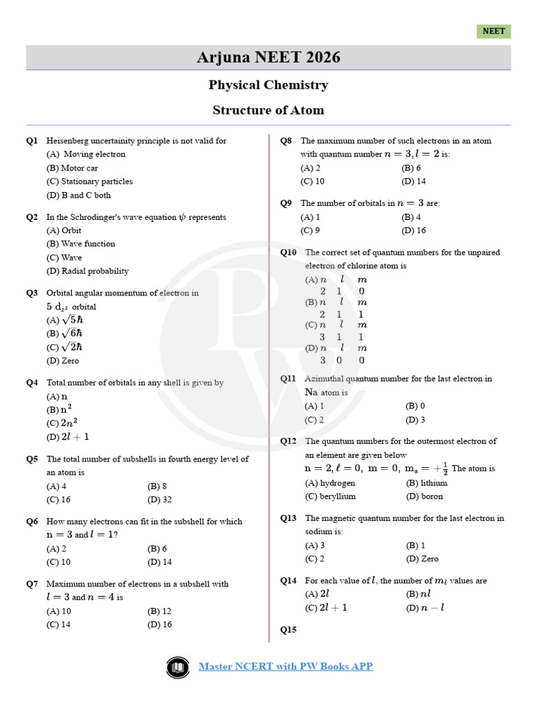 Structure of Atom - DPP 08 (Of Lecture 12) - Arjuna NEET 20 | PDF | Atomic Orbital | Electron