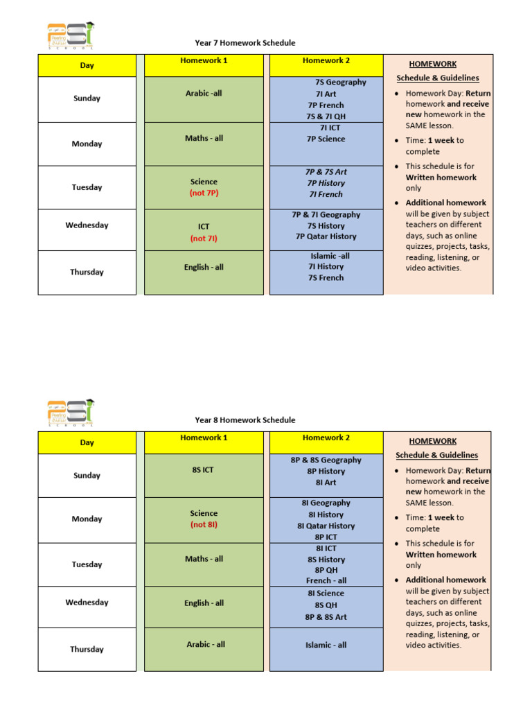 Year 7-9 Homework Schedule Overview | PDF | Educational Assessment And ...