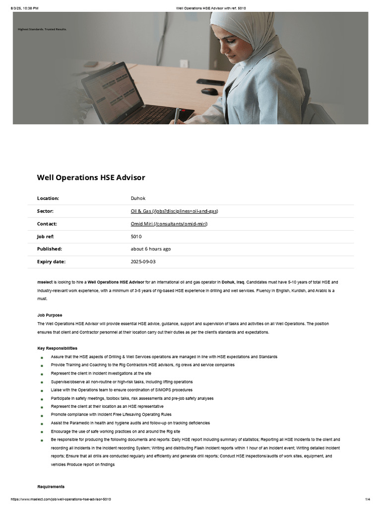 Well Operations HSE Advisor With Ref. 5010 | PDF | Occupational Safety ...