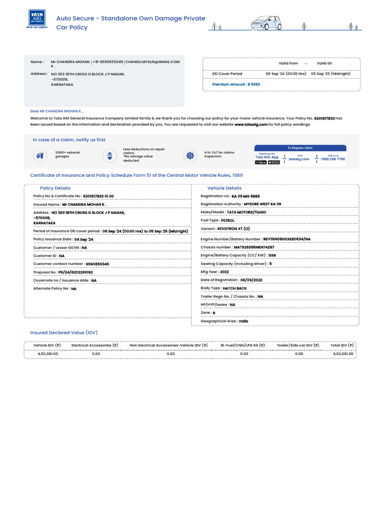 Tata AIG Motor Policy Schedule - 3184 - 6201917833 | PDF | Insurance ...