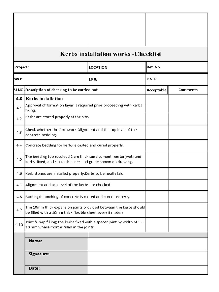 Kerbs Installation Works - Checklist | PDF
