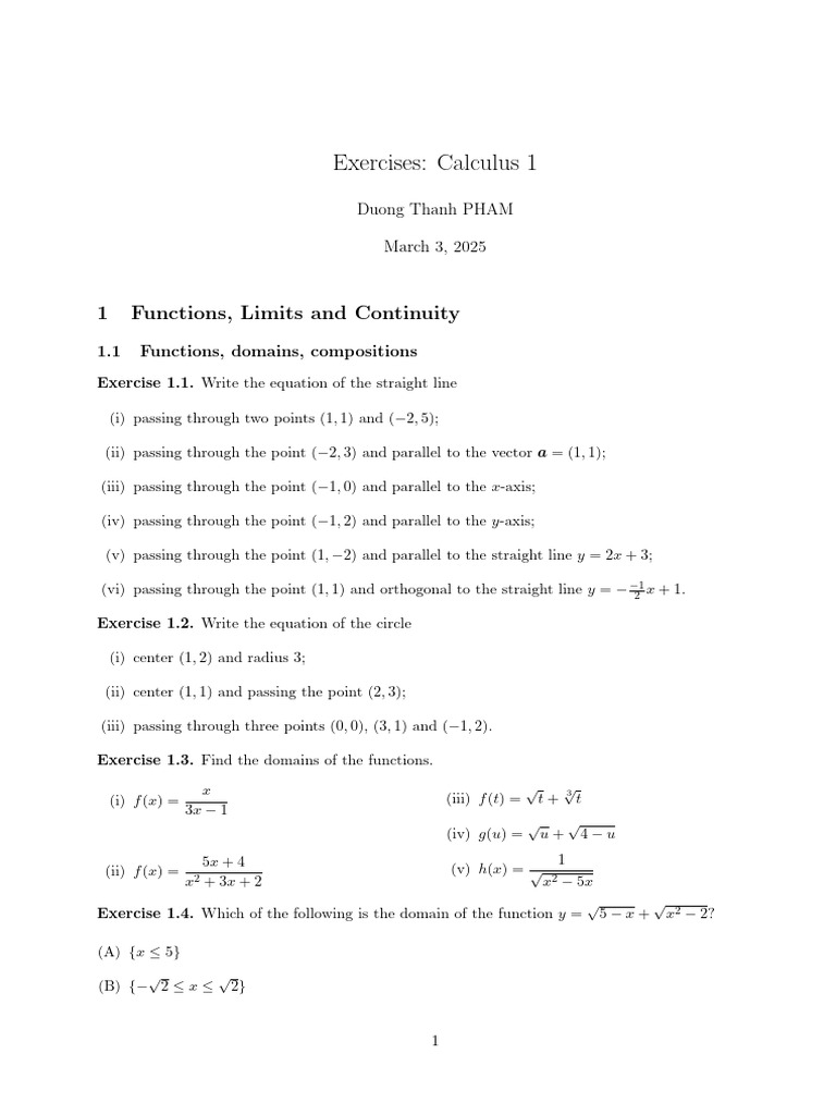 Calculus 1 Exercises: Functions & Limits | PDF | Tangent | Derivative