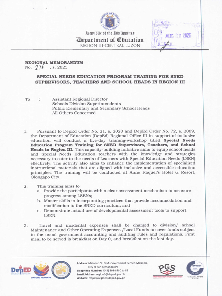 RM No. 276, S. 2025 - Special Needs Education Program Training For Sned Supervisors, Teachers ...