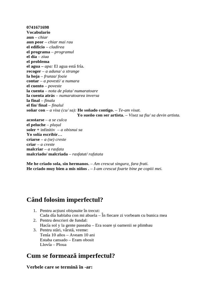 Vocabulario y uso del imperfecto en español | PDF