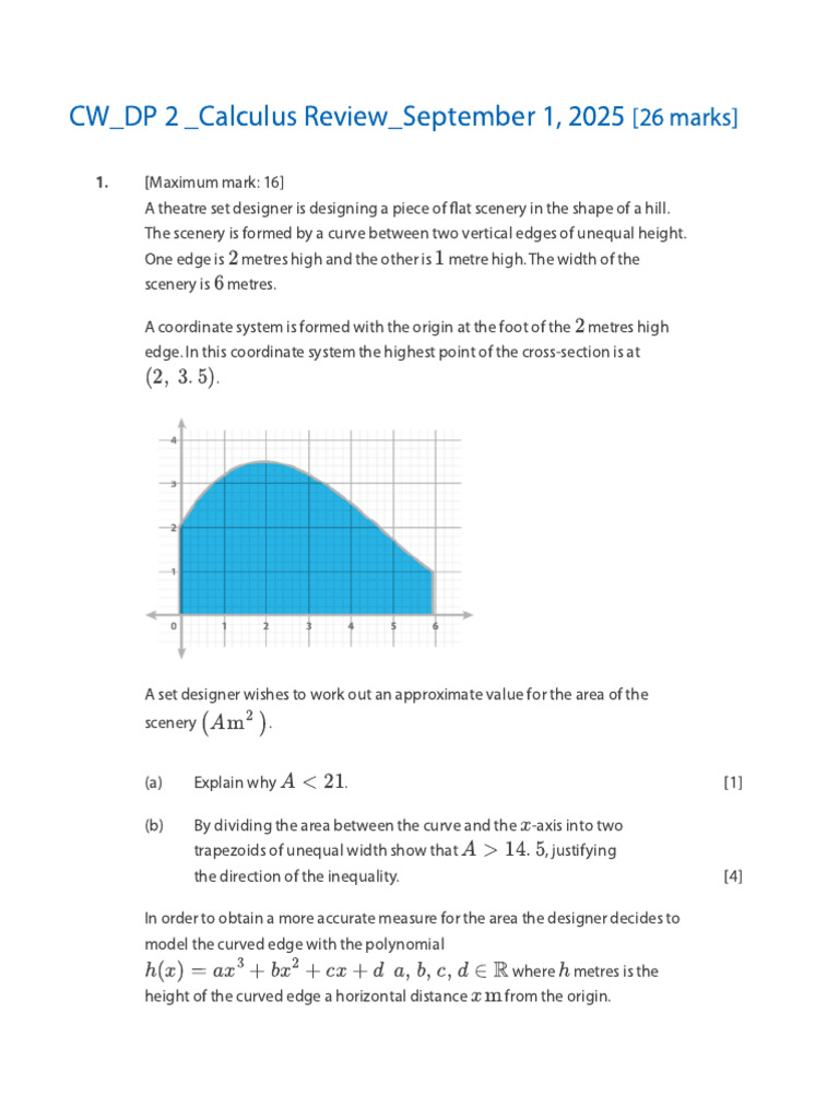 CW - DP 2 - Calculus Review - September 1, 2025 | PDF | Area | Equations