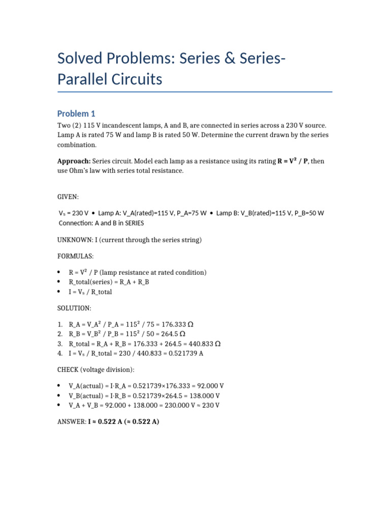 Solved Circuit Problems Series and SeriesParallel | PDF