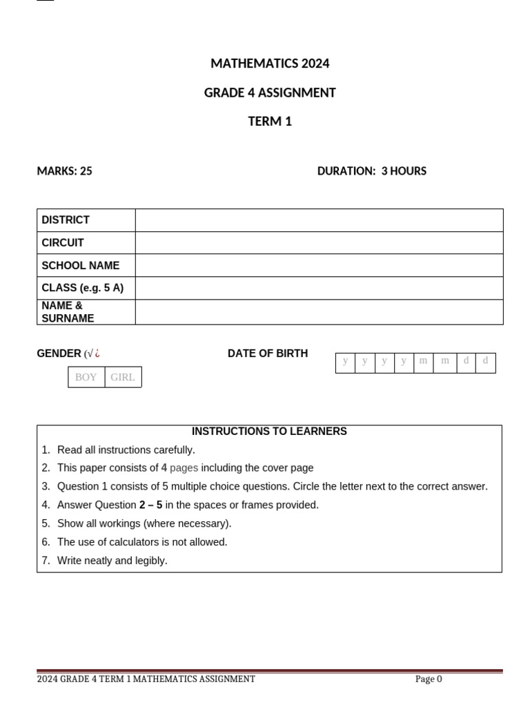 Grade 4 Mathematics Assignment Term 1 2024 | PDF | Mathematics