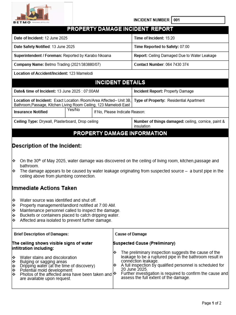 Property Damage Incident Report Sub1 125259 | PDF | Ceiling | Safety