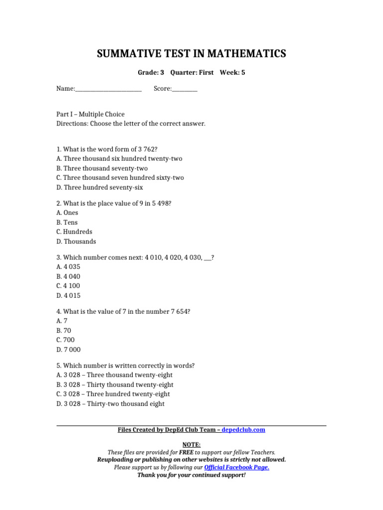 Grade 3 Mathematics Summative Test | PDF | Chess | Chess Theory