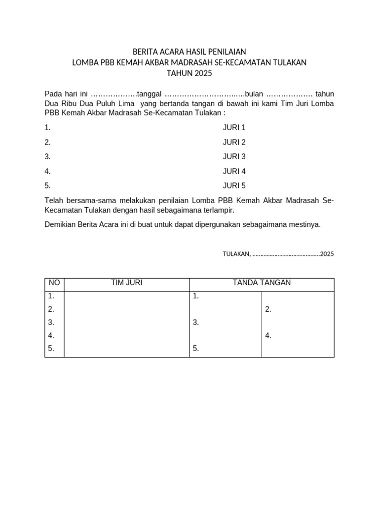 Hasil Penilaian Lomba PBB Madrasah 2025 | PDF