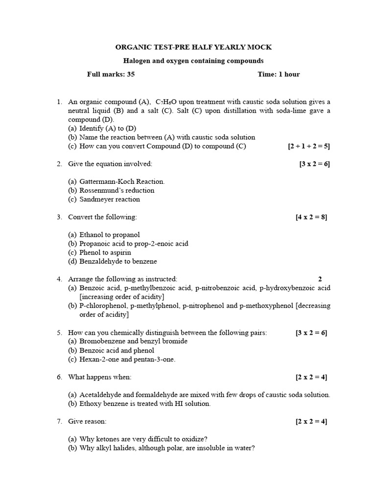 Organic Test Class 12-Halogen and Oxygen Containing Compounds | PDF
