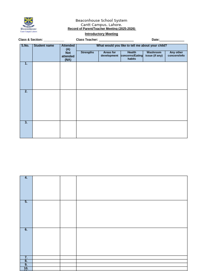 Parent/Teacher Meeting Record 2025-26 | PDF