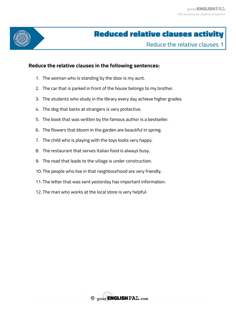 Reduced Relative Clauses Activity 1 | PDF