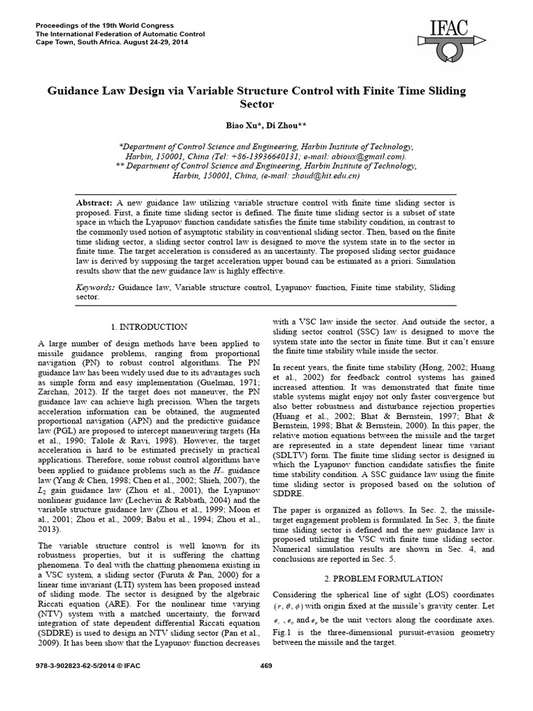 Guidance Law Design Via Variable Structure Control With 2014 IFAC ...