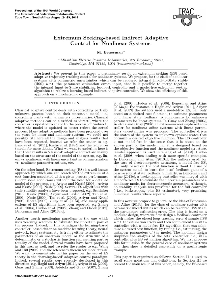 Extremum Seeking Based Indirect Adaptive Control For 2014 IFAC ...