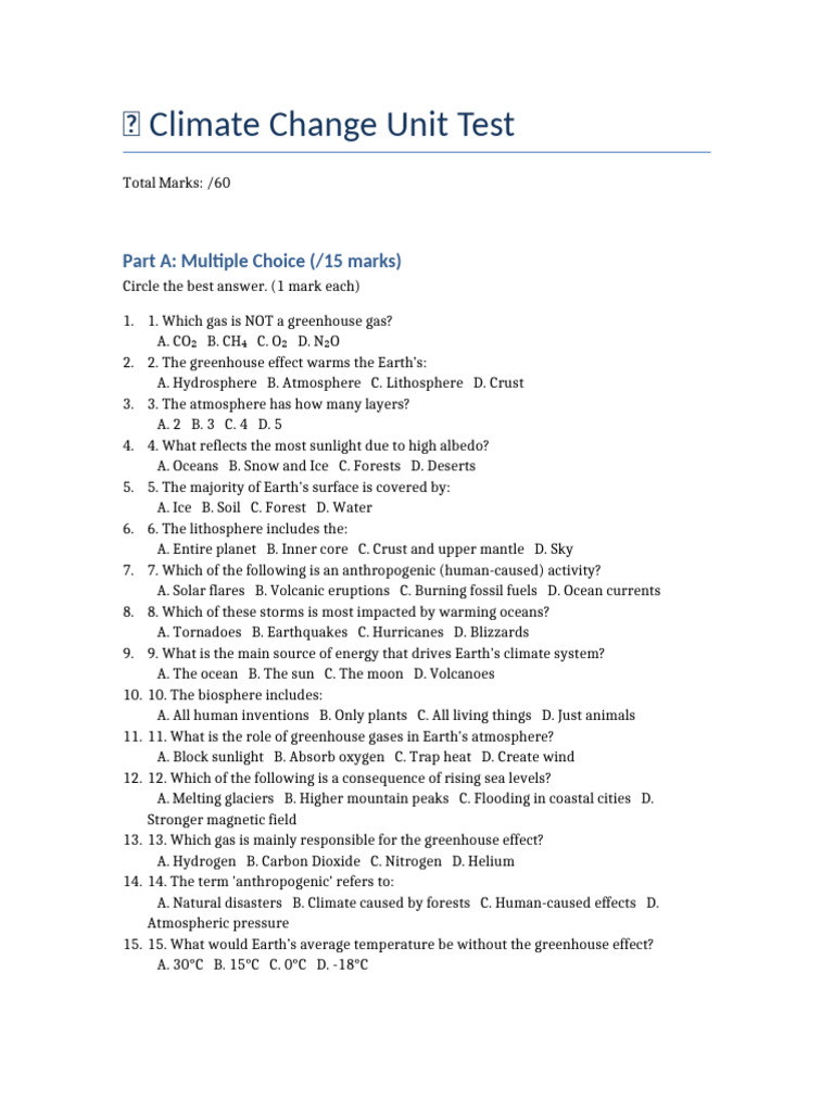 Climate Change Unit Test 15 MCQ | PDF