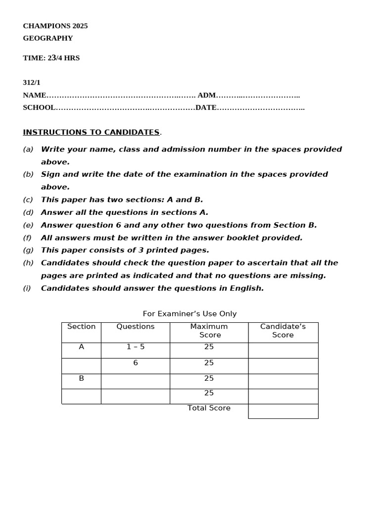 Geography - pp1 (1) Chmps 2025 | PDF | Coast | Map