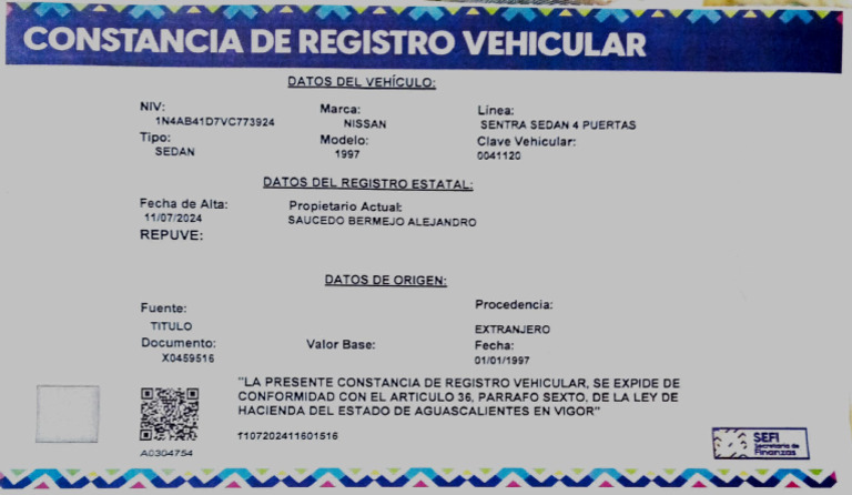 Constancia de Registro Vehicular | PDF