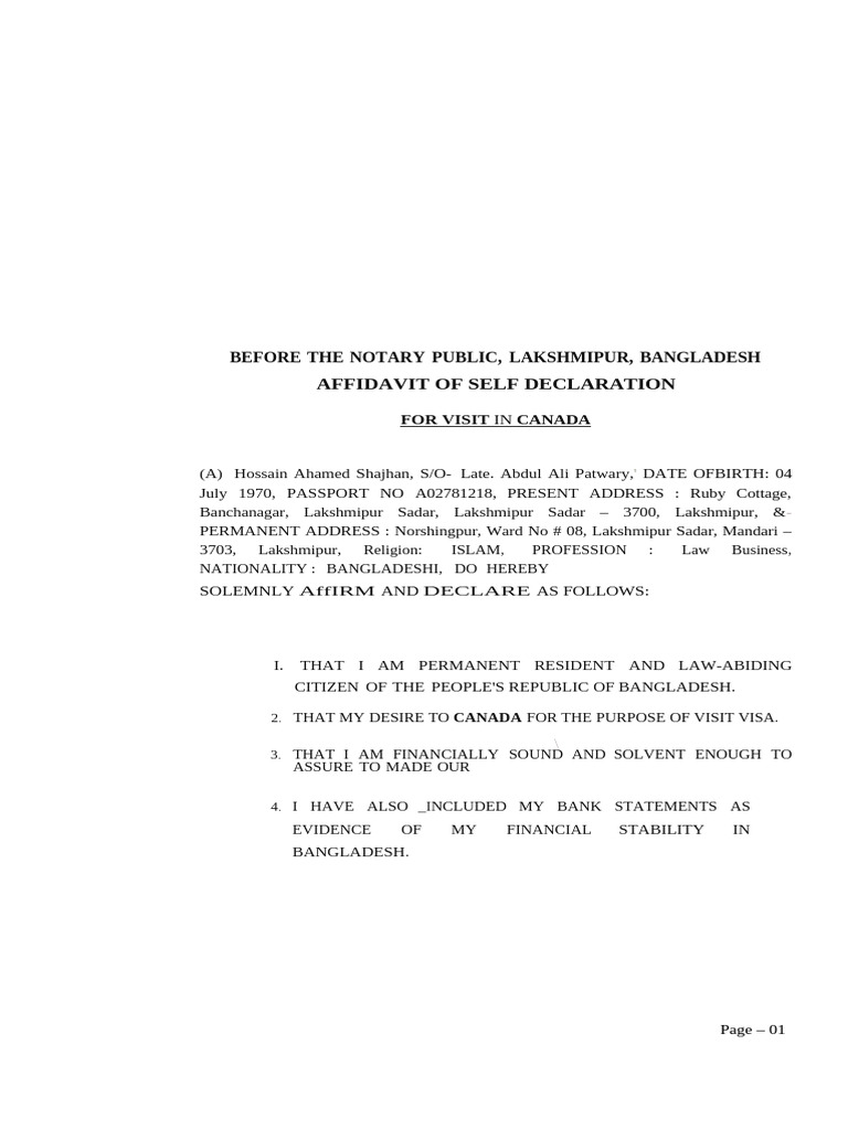 Bangladesh Affidavit for Canada Visit | PDF | Affidavit | Practice Of Law
