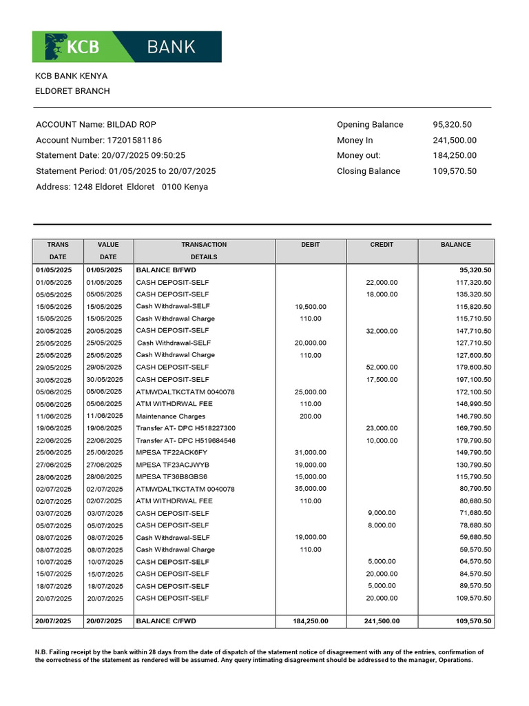 Bildad Rop-Kcb Bank Statement | PDF | Cash | Banks