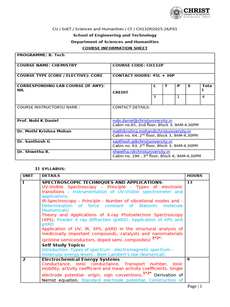 Chemistry Course Plan - AY 25-26 - ODD | PDF | Corrosion | Electrode