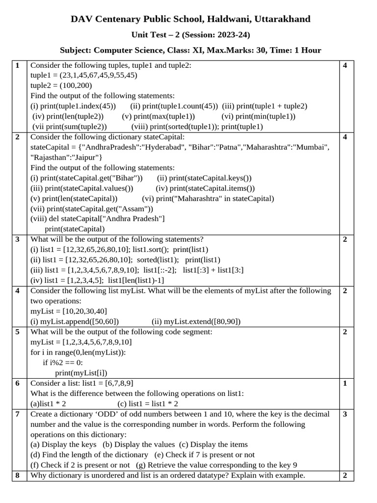 CS XI Unit Test2 Exam 2023-24 QuestionPaper | PDF | Computer Science ...
