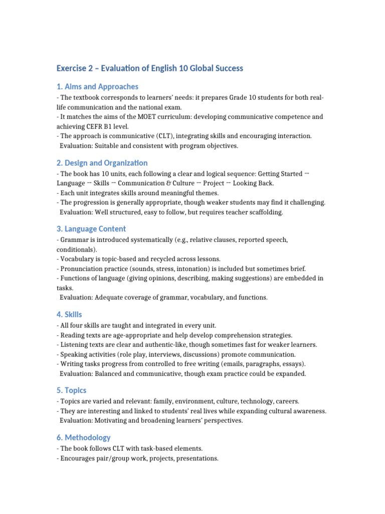 Exercise2 Evaluation English10 | PDF | Teachers | Cognition