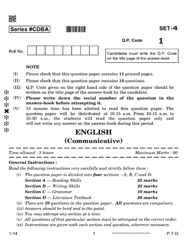 English Last Year Question Papers For Class 10 | PDF