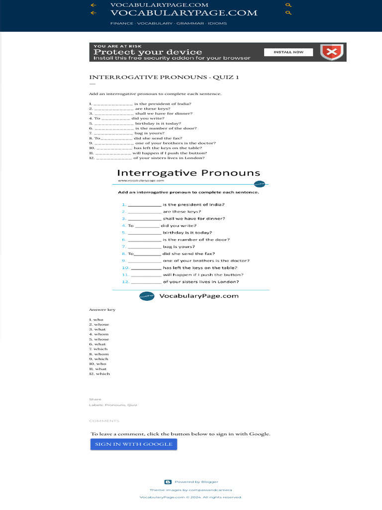 Interrogative Pronouns Quiz 1 | PDF