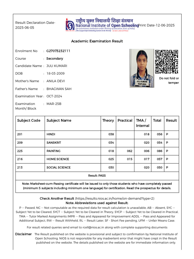 Result - National Institute of Open Schooling | PDF