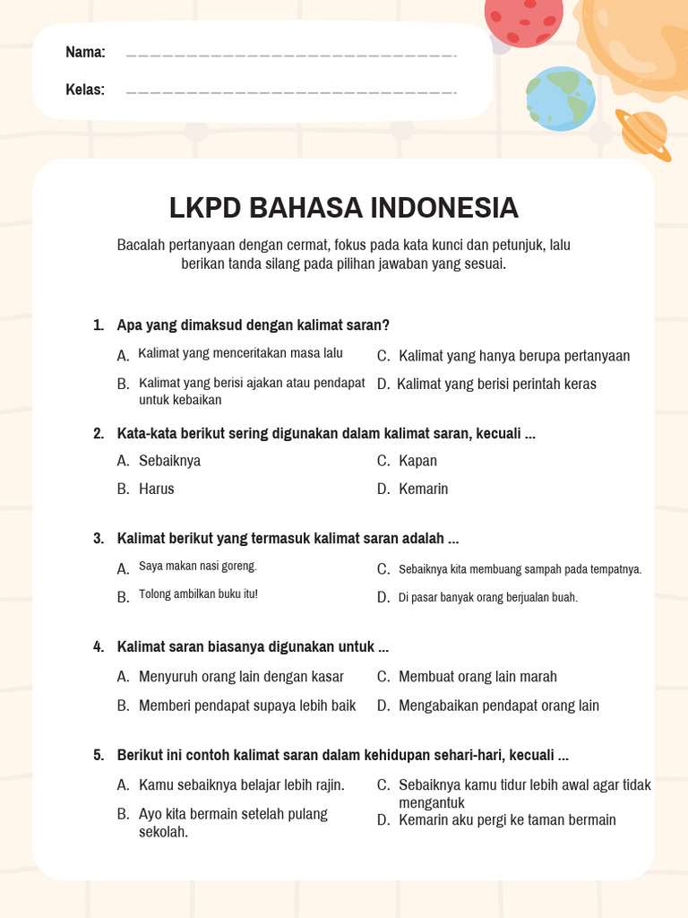 Contoh Kalimat Saran untuk Kelas 3 SD | PDF