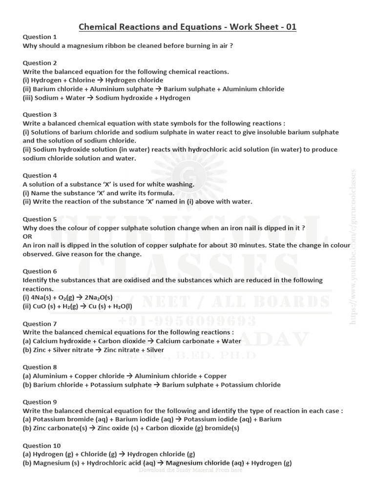 Chemical Reactions and Equations - Work Sheet - 01 | PDF