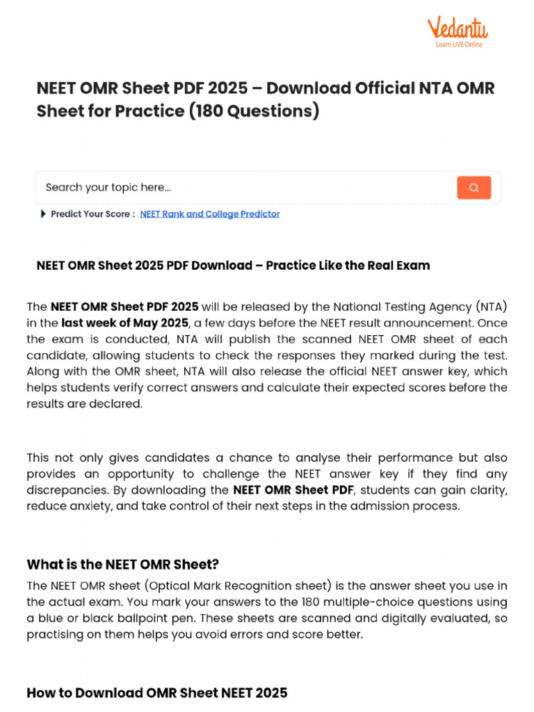NEET OMR Sheet PDF 2025 - Download Official NTA OMR Sheet For Practice (180 Questions) | PDF
