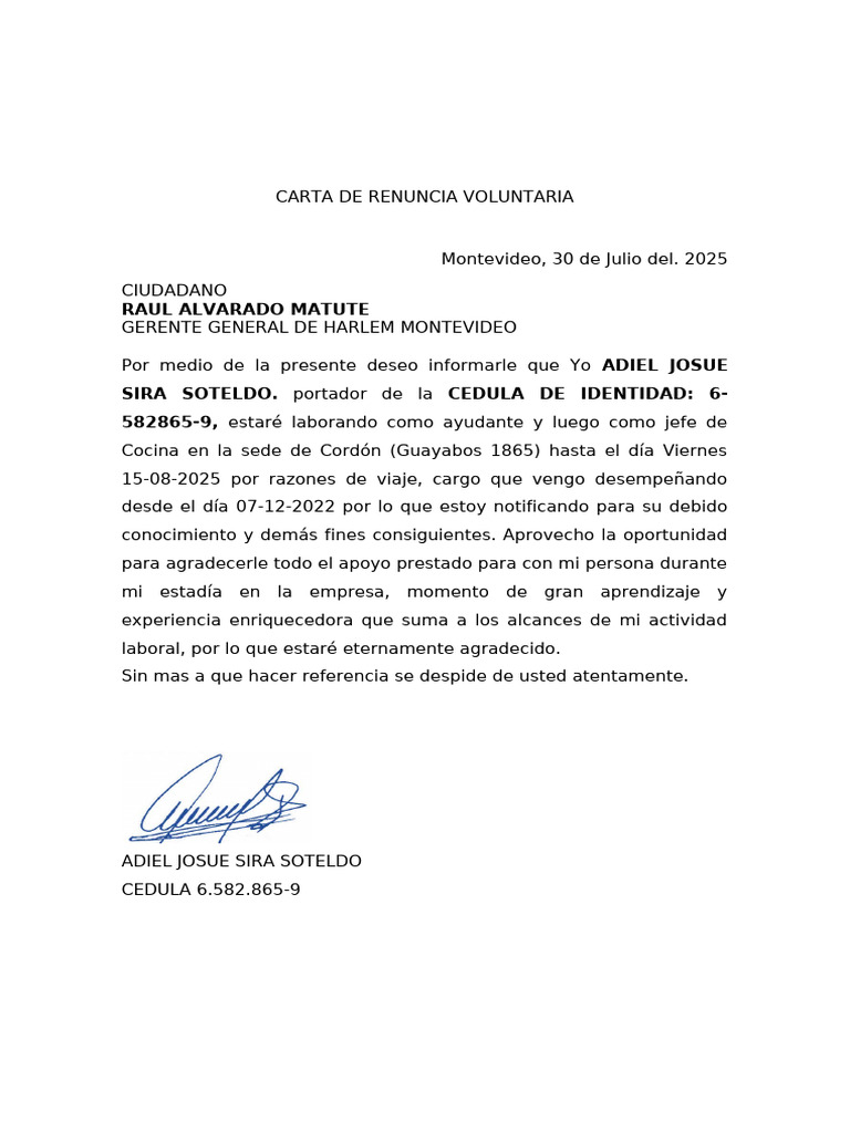 Carta de Renuncia Adiel en Harlem | PDF