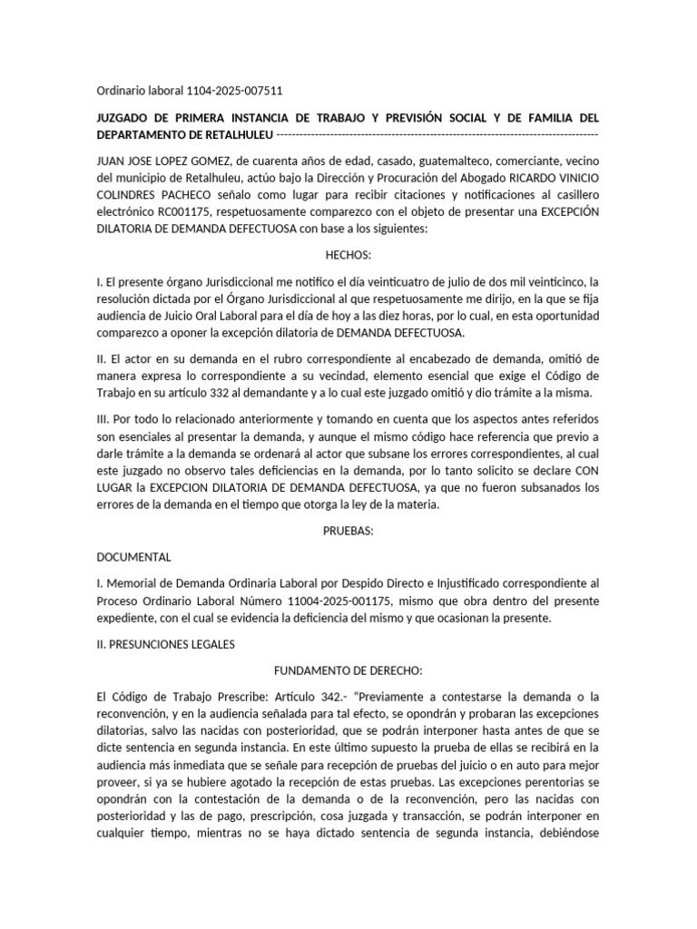 Excepcion Dilatoria Ricardo Colindres | PDF | Sentencia (ley) | Demanda ...