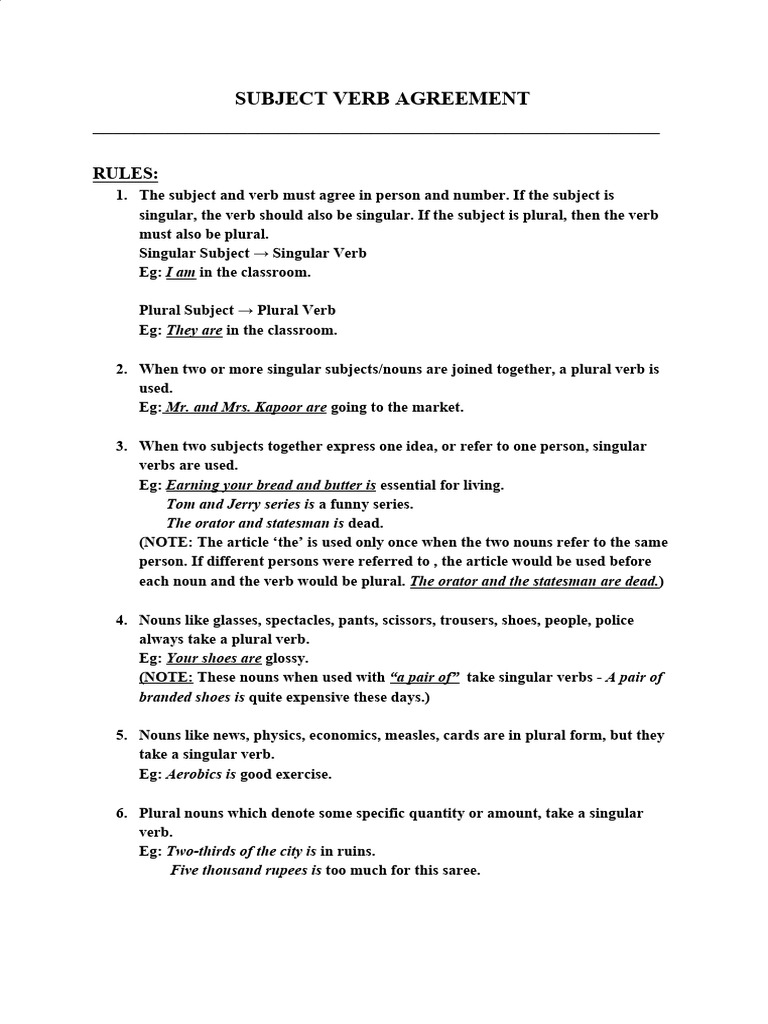 SUBJECT VERB AGREEMENT Rules | PDF | Plural | Grammatical Number